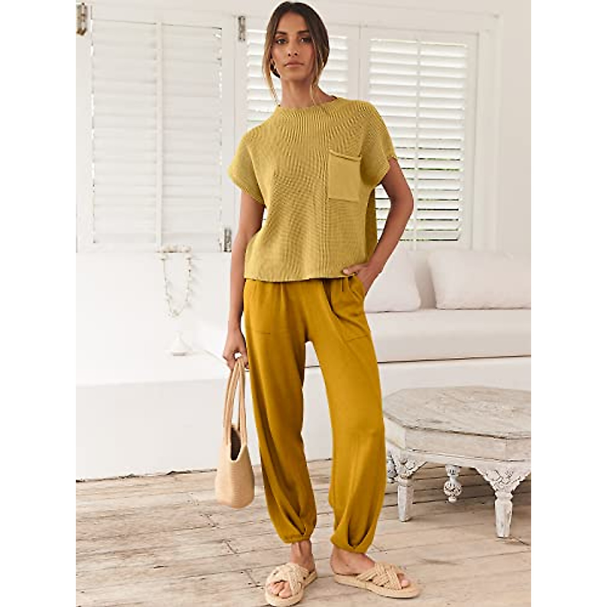 ANRABESS Women's Two Piece Outfits Knit Sweater Vest Crop Top Pants Lounge Matching Tracksuit Sweatsuit Travel Clothes Sets Yellow Large