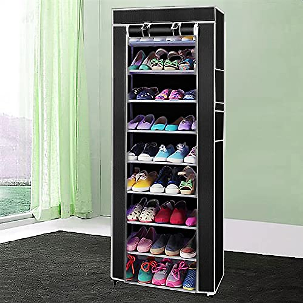 Mekek Black Shoe Rack, Free Standing Shoe Racks 9 Tier - Portable Row Shoe Rack Organizer Tower for Closet with Nonwoven Fabric Cover (Black)