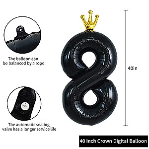 TONIFUL Crown Black 40 Inch Large Number Balloons 0-9, Crown Foil Mylar Big Digital Balloon Number 8 Digit Eight for Birthday Party Wedding Bridal Shower Engagement Photo Shoot Anniversary (Black 8)