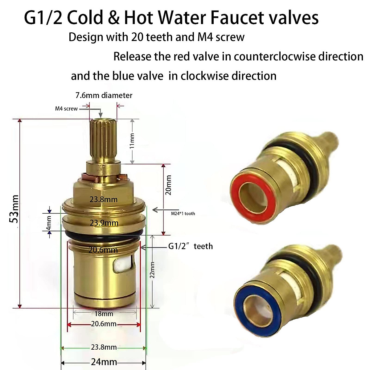 Faucet Valves, Brass Ceramic Stem Disc Cartridge Replacement Quarter Turn 1/2" for Bathroom Kitchen Tap (1 Pair Hot & Cold)