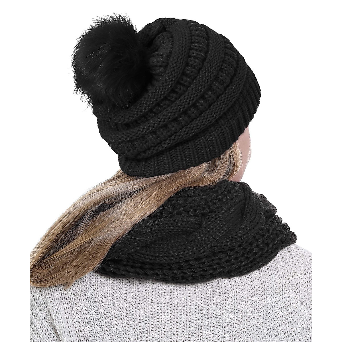 Double Couple Womens Scarf Beanie Hat with Faux Fur Ball Set Thick Winter Cable Knitted Circle Loop Infinity Scarfs for Women (Black Pom Pom Set)