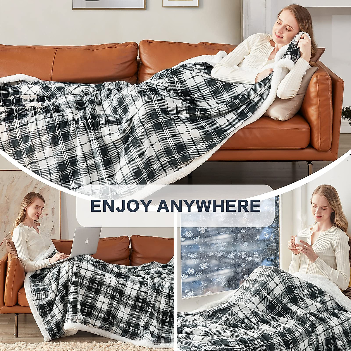 inhand Sherpa Throw Blanket, Plaid Warm Cozy Soft Throw Blankets for Couch, Bed, Sofa，Reversible Fluffy Plush Flannel Fleece Blankets and Throws for Adults Women Men(Grey, 50”x 60”)