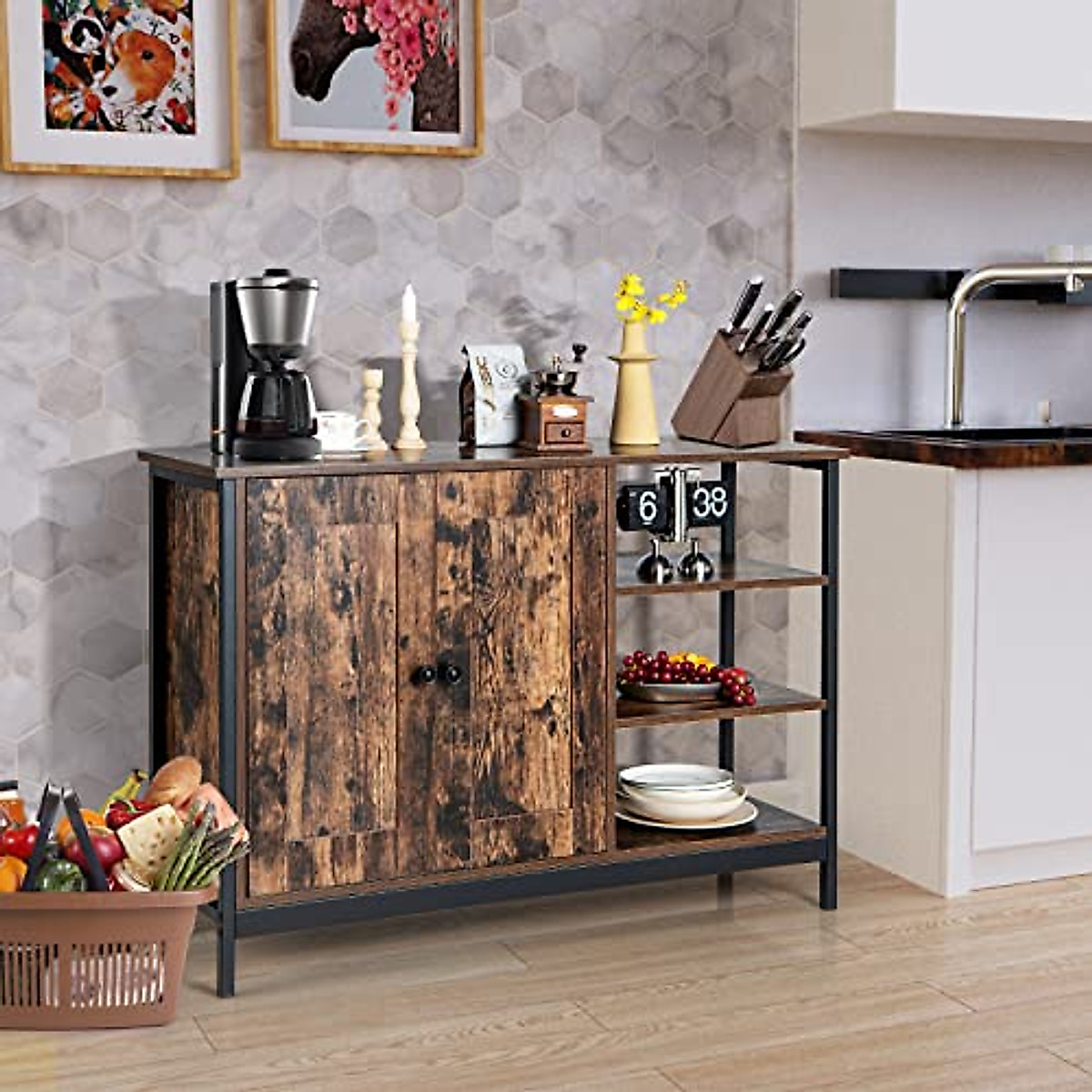 GOFLAME Buffet Storage Cabinet, Industrial Sideboard Cabinet with 2 Doors, Adjustable Shelf & 3-Tier Rack, Freestanding Coffee Bar Cabinet for Kitchen, Living Room, Rustic Brown