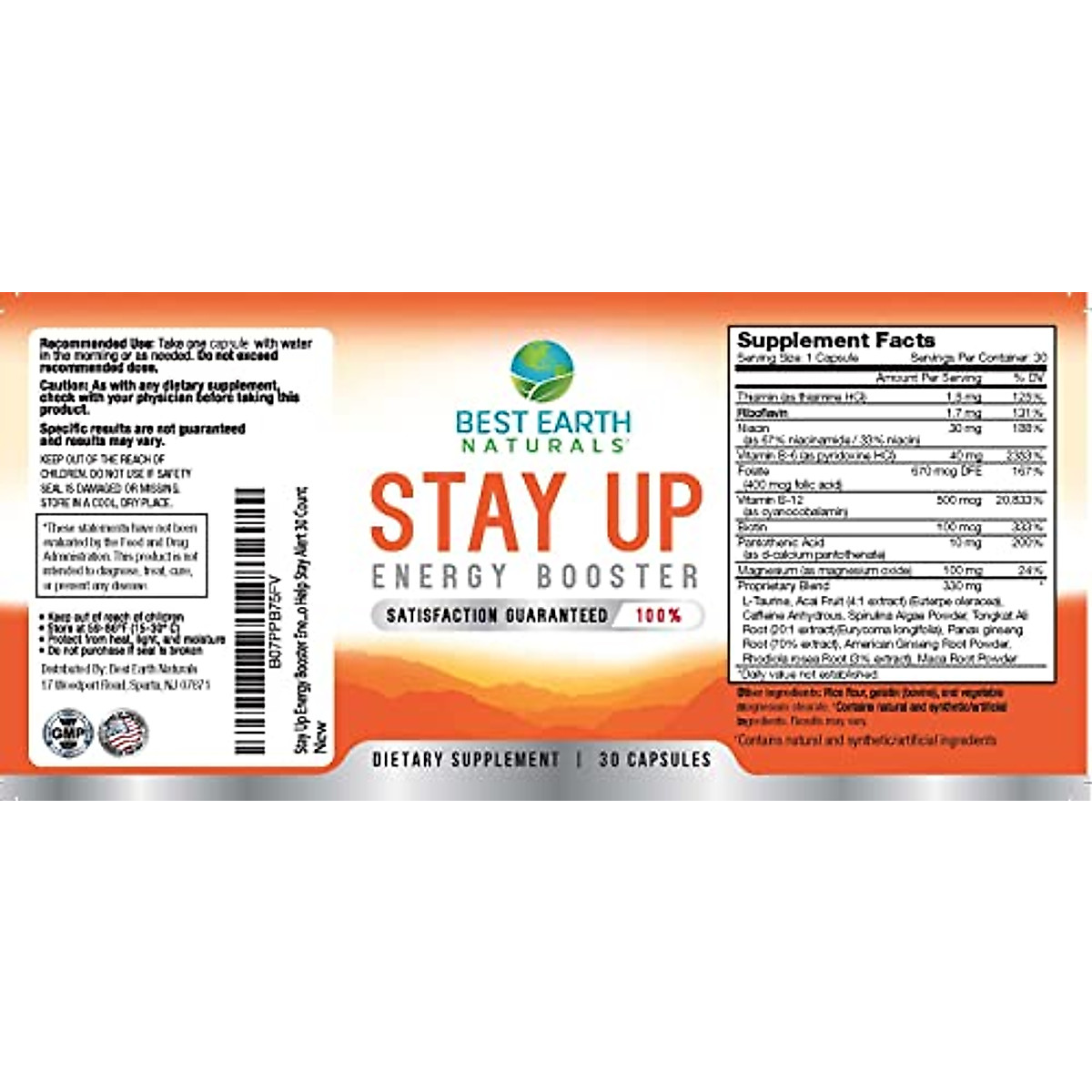Best Earth Naturals Stay Up Energy Booster Energy Vitamins with Guarana, B Vitamins and More for Energy, Endurance, Stamina, Focus Support and to Help Stay Alert 30 Count