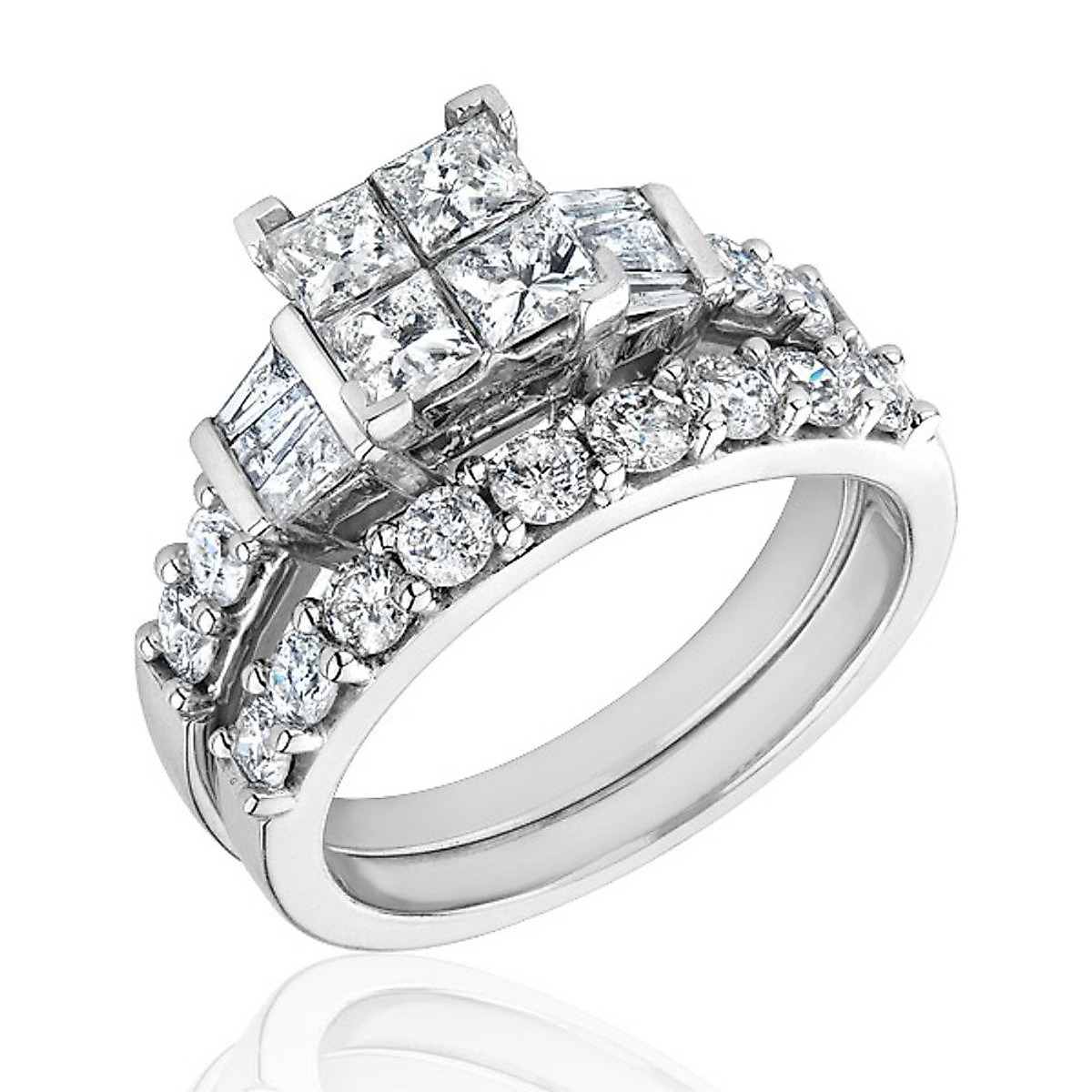 2ctw Princess Diamond Composite White Gold Engagement and Wedding Ring Bridal Set | Harmony Collection - Size 7