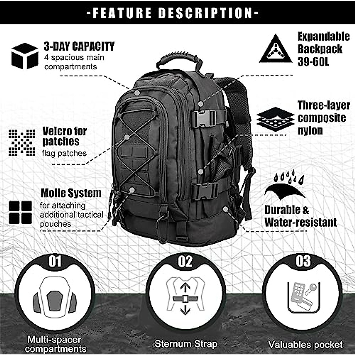 WolfWarriorX Tactical Backpack for men Military Army Expandable 3 Day Pack for Camping Hiking