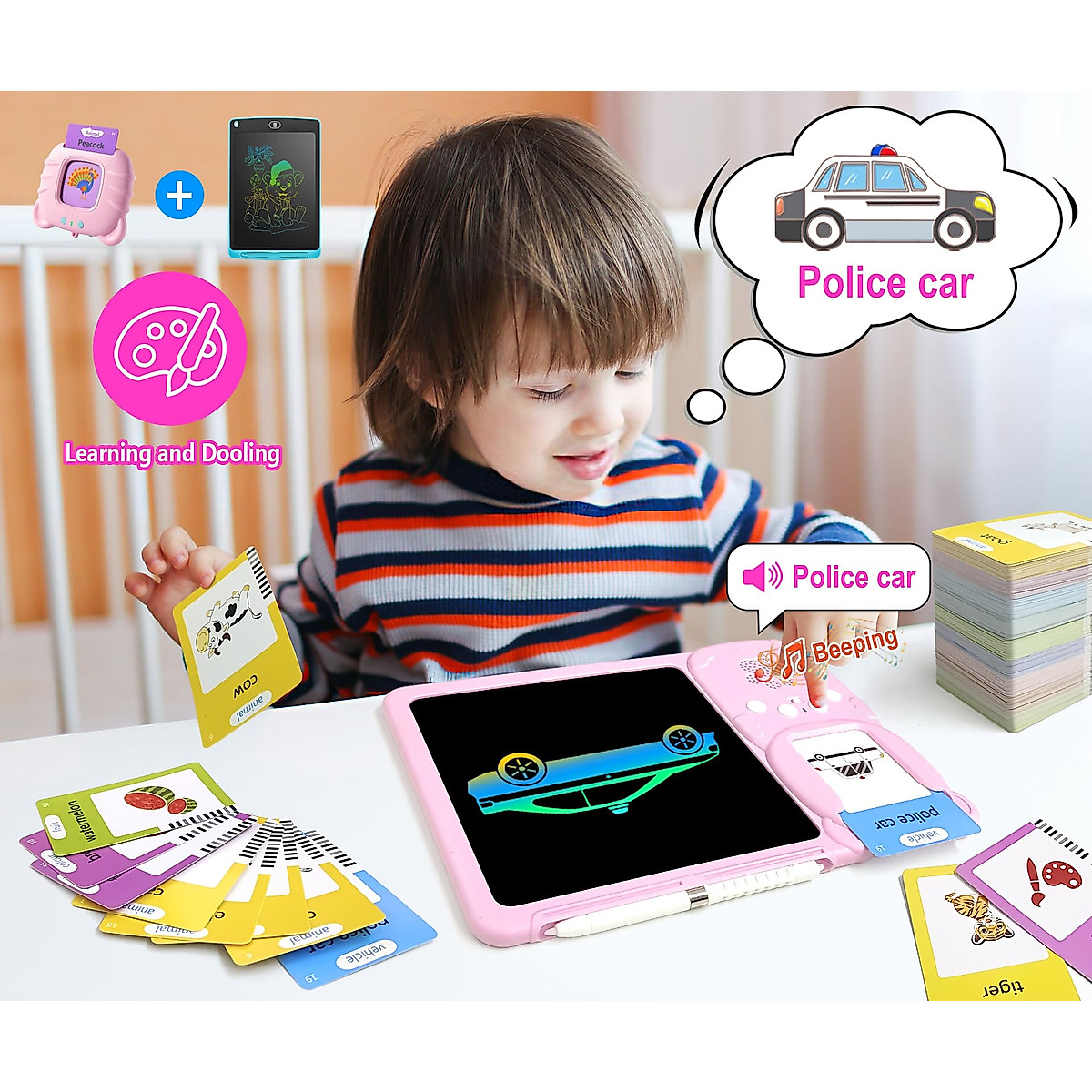 Rylai Toddler Toys Drawing Tablet with Talking Flash Card, Drop Resistant LCD Writing Tablet,510 Sight Words Pocket Speech Audible Flashcards, Learning & Education Toys for 2,3,4,5,6 Years Old Pink