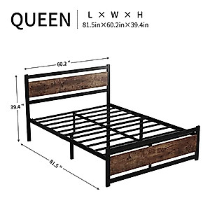 ZIORS Bed Frame with Wooden Headboard, Heavy Duty Metal Platform Bed Frame, No Box Spring Needed, Mattress Foundation Platform, Noise-Free,Twin XL/Queen/King, Queen