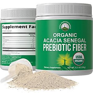 Organic Acacia Senegal Prebiotic Fiber Powder. USDA Organic Plant Based Vegan Prebiotics Supplement for Gut Health. with Digestive Enzymes for Digestion, Roughage Without Bloating, Gas