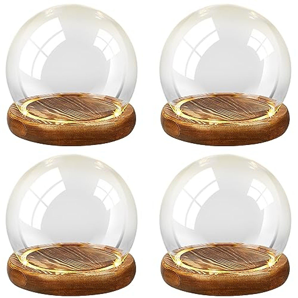 Funtery 4 Pcs 3.54 x 5 in Christmas DIY Clear Glass Dome Keepsake Globe Display Case with Light Wood Base Decorative Snow Globe Kit Plant Terrarium Decor for Women Craft Tabletop Gift (Classic Style)
