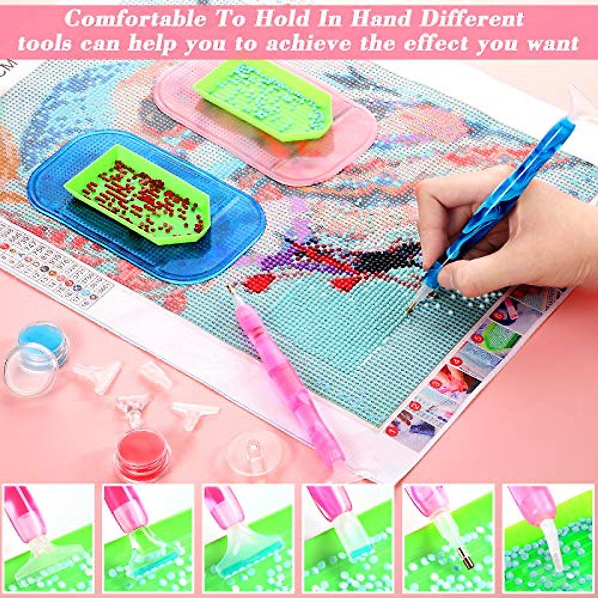 Outus 5D DIY Diamond Painting Tools with 2 Pieces Handmade Resin Diamond Painting Pen, Anti-Slip Mat, Plastic Diamond Trays, Clay Box, Drill Point Accessories Kits for Adults and Kids DIY Craft Arts