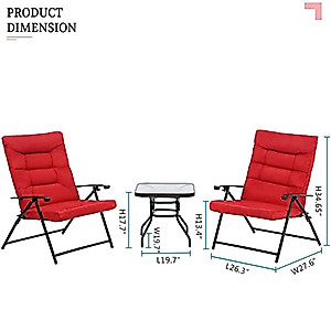 SUNCROWN 3-Piece Outdoor Furniture Patio Padded Folding Chair Set Patio Bistro Set Foldable Adjustable Reclining Lounge Chair with Coffee Table, Red