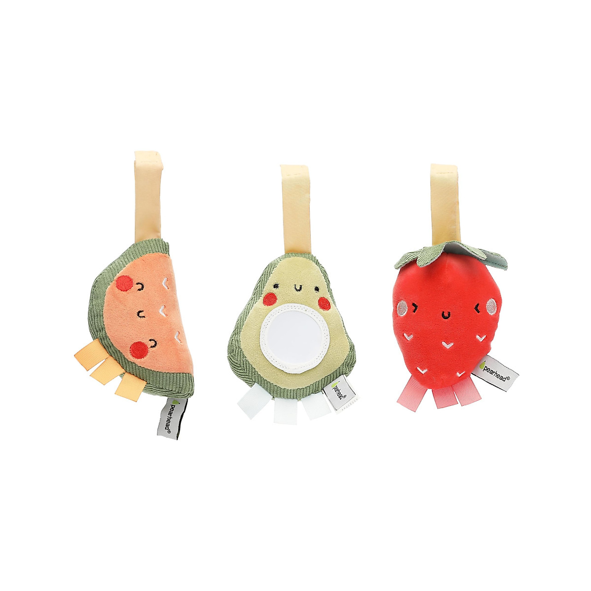Pearhead Fruit Stroller Toys, Plush Interactive Toy Set for Baby Car Seat with Hanging Mirror, Gender-Neutral Travel Accessories, Strawberry Avocado Watermelon, Set of 3