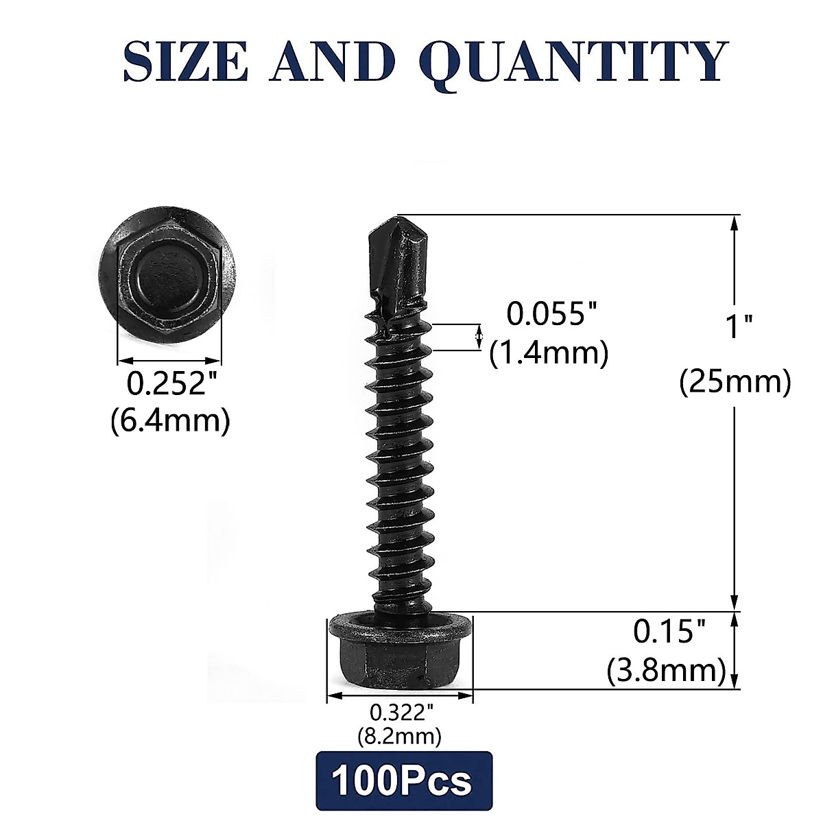 #8 x 1" Sheet Metal Screws 100PCS 410 Stainless Steel Hex Washer Head Tek Screws Fast Self Tapping Screws Black Oxide by SG TZH