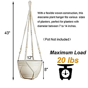Bouqlife 43 Inches Macrame Plant Hanger Large for 12 inch Pot Extra Long No Tassel Cotton Rope Hanging Plant Holder with Ceiling Hook Bohemian Home Decor
