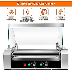 Giantex Hot Dog Roller Machine, 11 Non-Stick Rollers 30 Hot Dog Sausage Grill Cooker Machine with Removable Stainless Steel Drip Tray and Glass Hood Cover, Commercial Household Hot Dog Rotisserie