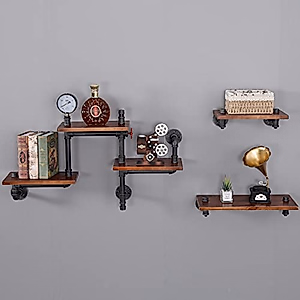 SSS Furniture Industrial Floating Pipe Wall Shelves Rustic Wood Shelving, 5 Layer Pipe Design Bookshelf DIY Shelving for Living Room Bathroom Farmhouse Bar Industrial Decor