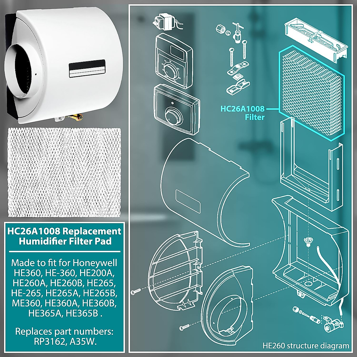 HASMX HC26A1008 Replacement Humidifier Filter Pad for Honeywell HE360, HE-360, HE200A, HE260A, HE260B, HE265A, HE265B, ME360, HE360A, HE360B, HE365A, HE365B Replaces Part Numbers RP3162, A35W (3-Pack)