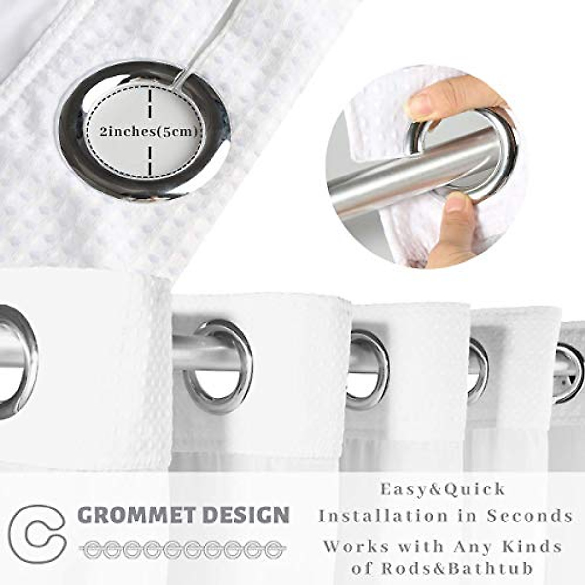 Ecoehoe Hotel Grade Waffle Weave Fabric Hook Free Shower Curtain with Magnets Snap-in Liner - Heavy Duty Bath Curtain with See Through Top Machine Washable 71" W * 79“ L White