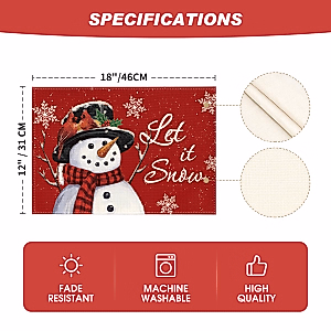 Artoid Mode Red Snowman Let It Snow Winter Placemats Set of 8, 12x18 Inch Seasonal Christmas Holiday Table Mats for Party Kitchen Dining Decoration