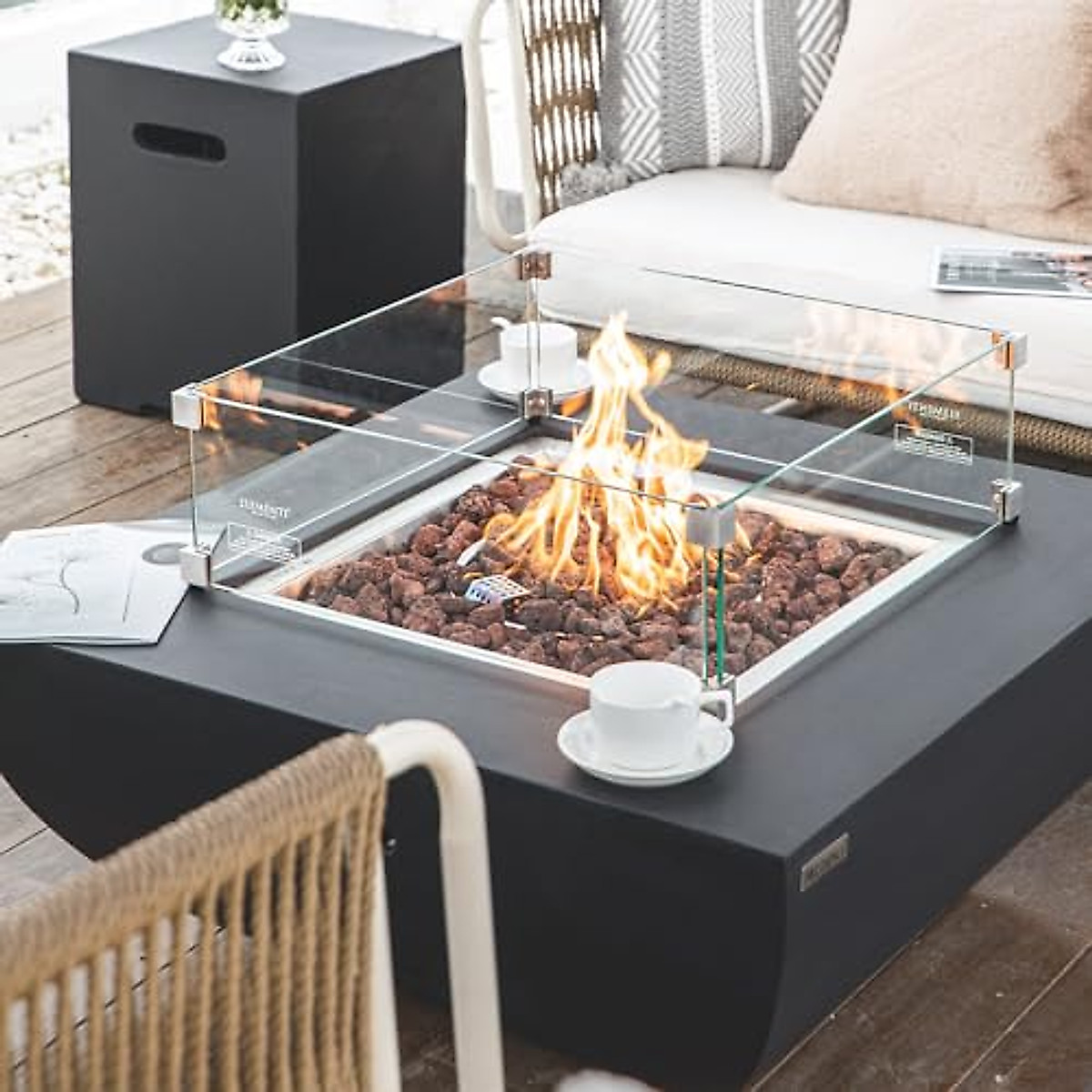 Aurora Concrete Fire Pit 34" x 34" Outdoor Patio Firepit Includes Lava Rocks Modern Fire Pits & Outdoor Fireplaces for Garden, Deck, Indoor & Outdoor Heating