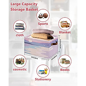 Landscape Storage Bins for Organizing, Decorative Large Closet Organizers with Handles Cubes - 1 Pack Fabric Baskets for Shelves, Closets, Laundry, Nursery, Ocean Sunset Scenery Modern Art Purple