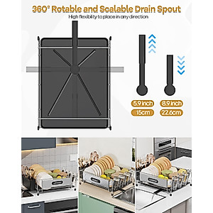 LIONONLY Dish Drying Rack, Dish Racks for Kitchen Counter, 304 Stainless Steel Dish Drainer Drainboard Set with Smart Drainage, 360° Adjustable Spout, Utensil Holder and Cup Holder,Black