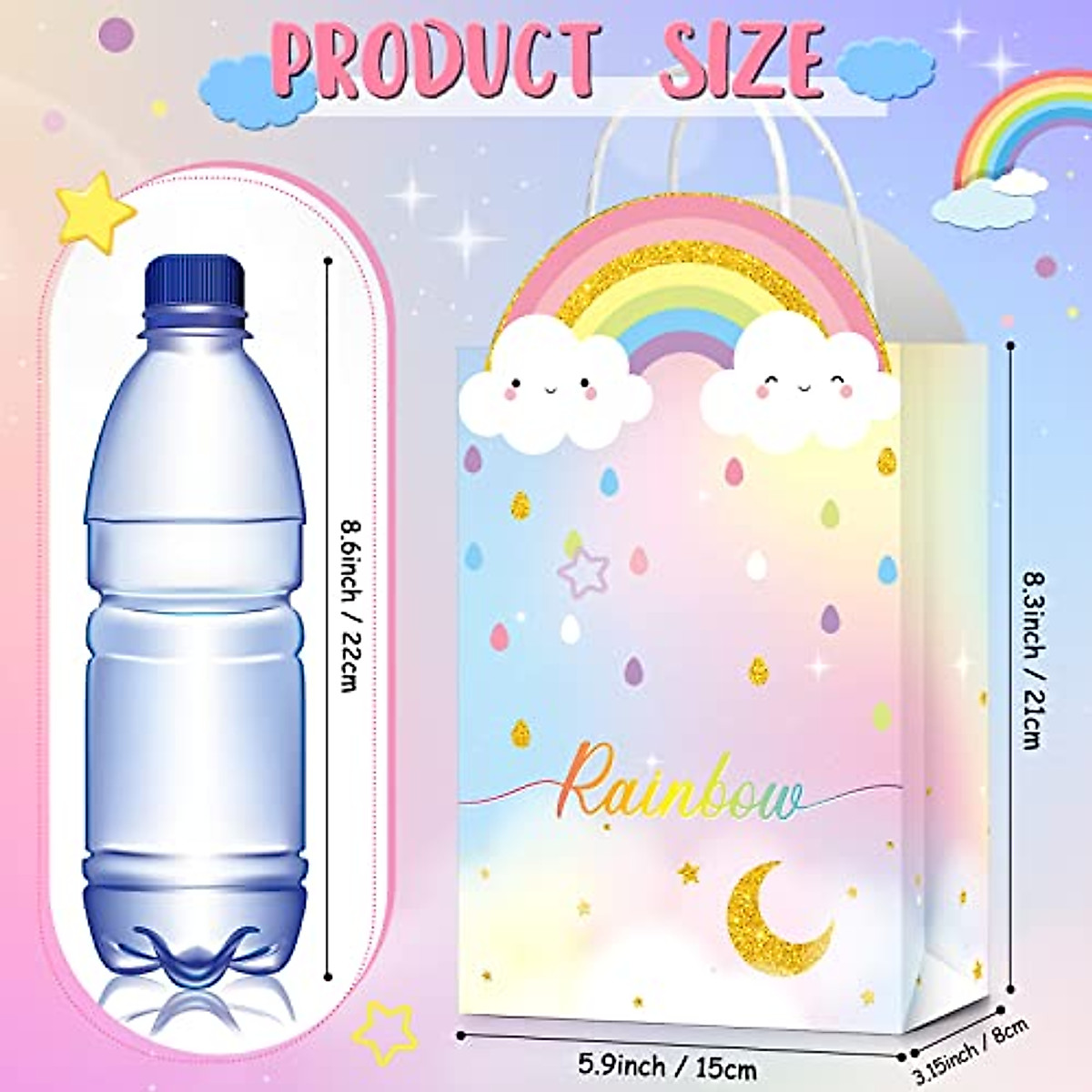 16 Pieces Rainbow Party Favor Bags Rainbow Present Bags with Handles Cloud Birthday Goodie Candy Bags Pastel Party Treat Gift Bags for Kids Girls Cloud Rainbow Party Decor Baby Shower Party Supplies