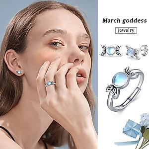 lotus & leaf Triple Moon Goddess Ring Sterling Silver Moonstone Jewelry Pagan Wiccan Ring Triple Moon Goddess Gifts for Women