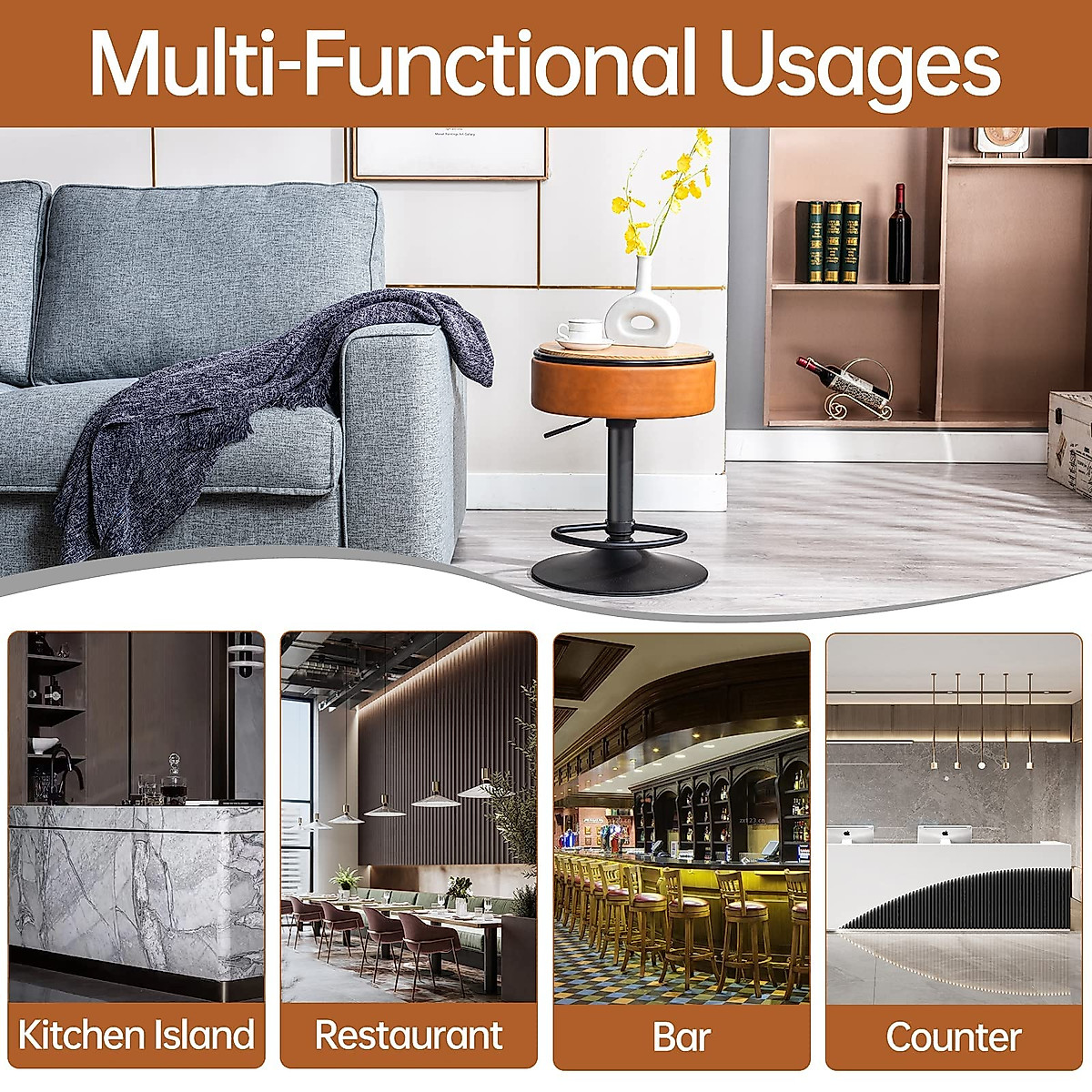 Round Storage Bar Stool Set of 2,Faux Leather Height Adjustable Barstool, 360°Counter Height Swivel Stool, Armless Bar Chair with Metal Frame for Kitchen Counter Dining Living Room Whiskey Brown