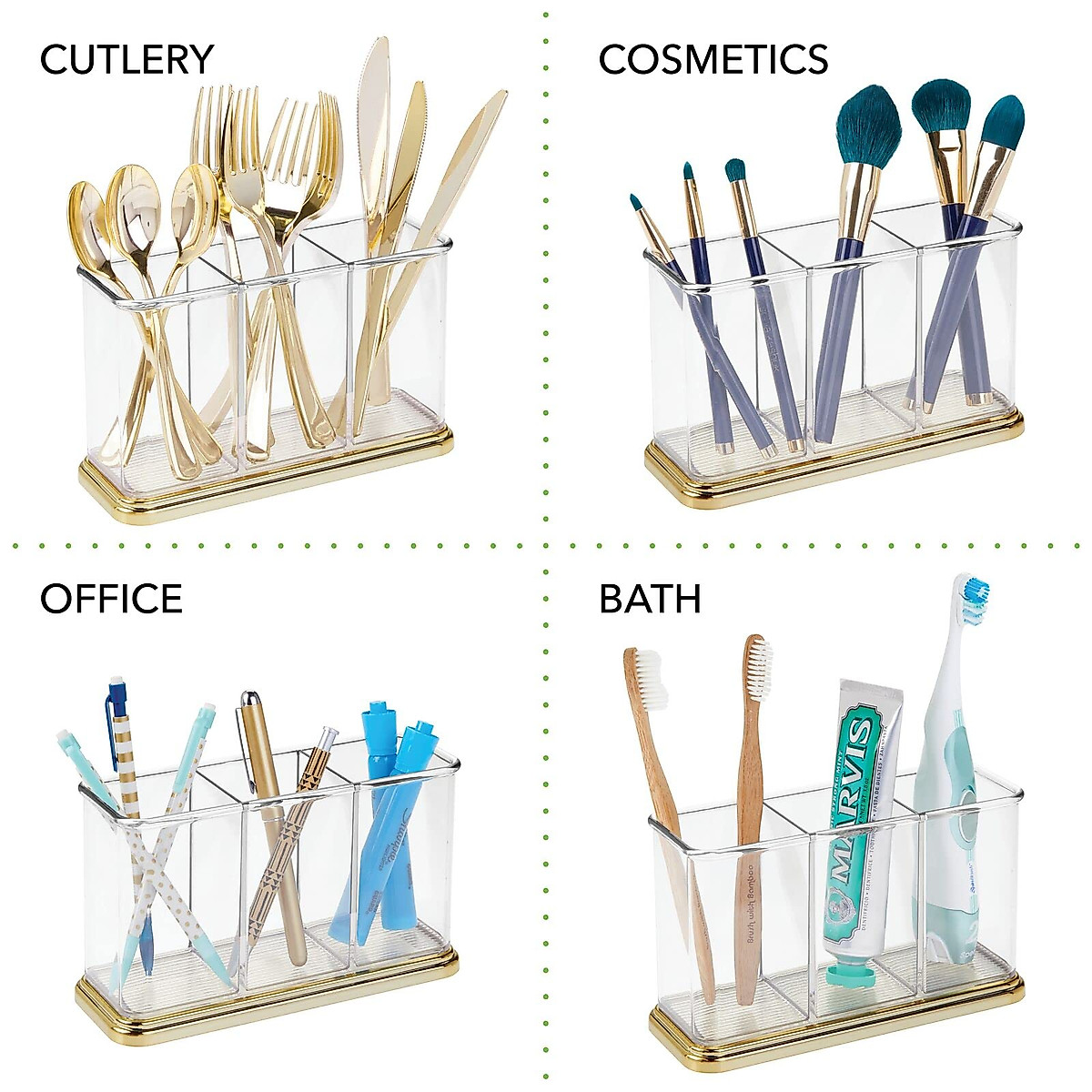 mDesign Plastic Cutlery Utensil Holder Storage Organizer Caddy for Kitchen Countertop Organization - Holds Fork, Knife, Spoon, Silverware - 3 Divided Sections - Hyde Collection - Clear/Soft Brass