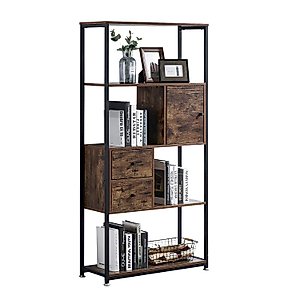 VECELO Bookshelf/Bookcase,Open Book Shelf with Middle Drawers Storage Organizer for Living Room,Home Office