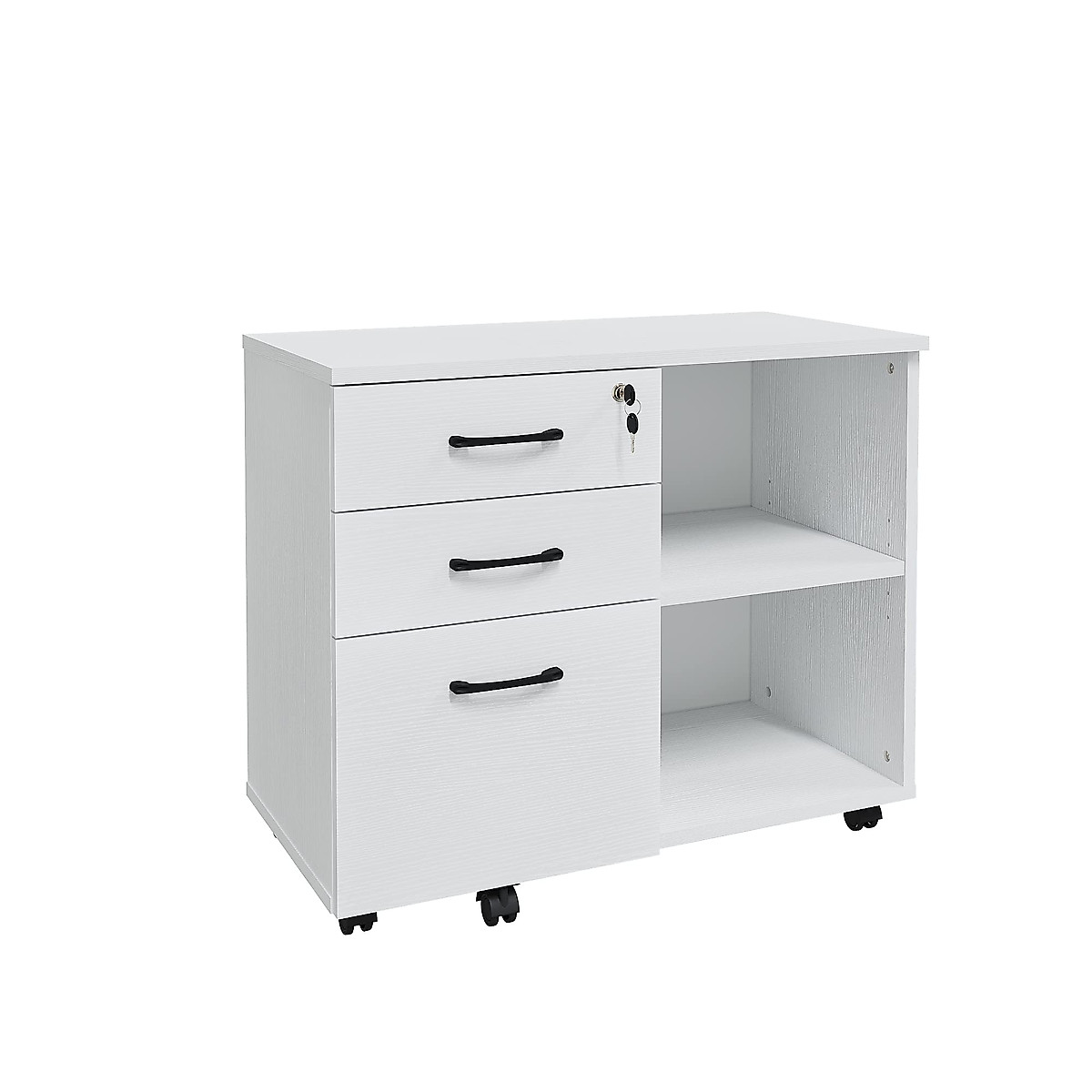Gyger 3 Drawer File Cabinet for Home Office, Lateral Filing Cabinet with Open Storage Shelf, Mobile Lateral Printer Stand with Wheels and Storage，Wood File Cabinet with Lock(White)