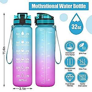 UPIRT 32 Oz Water Bottles, Motivational Water Bottle with Time Marker, Leak Proof Tritan Sport Bottle with Fruit Strainer, Water Jug with Carrying Strap for Fitness Gym and Outdoors (Green/Purple)