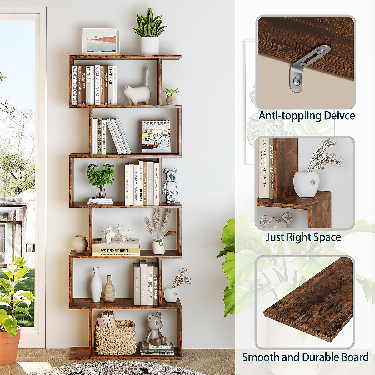 Yusong Geometric Bookcase, Bookshelf 6-Tier S Shaped Book Shelves for Bedroom, Modern Wood Decorative Display Shelf Tall Book Case for Home Office, Rustic Brown