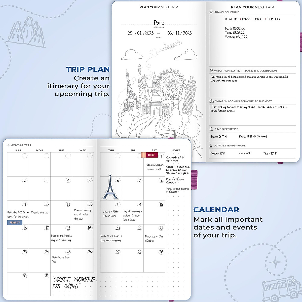 Clever Fox Travel Journal Pocket – Vacation & Road Trip Itinerary Planner Organizer & Traveling Memory Diary – Small Traveler Notebook (Periwinkle)