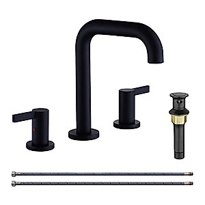 RKF Bathroom Faucets for Sink 3 Hole Matt Black 8 inch Widespread Bathroom Sink Faucet with Drain Double Lever Handle Faucet Bathroom Vanity Faucet Basin Mixer Tap Faucet with Hose & Deck CWF028-MB
