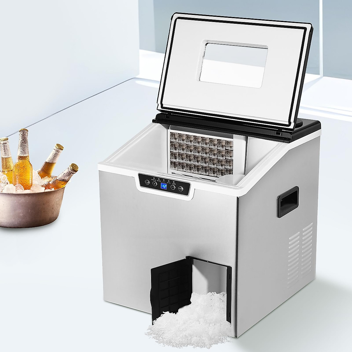 Self Dispensing Nugget Ice Maker, Crunchy Pebble Ice Maker, Countertop Crushing Ice Maker for Home Office Party RV, Portable Fast Ice-Making Automatic Cleaning Ice Maker