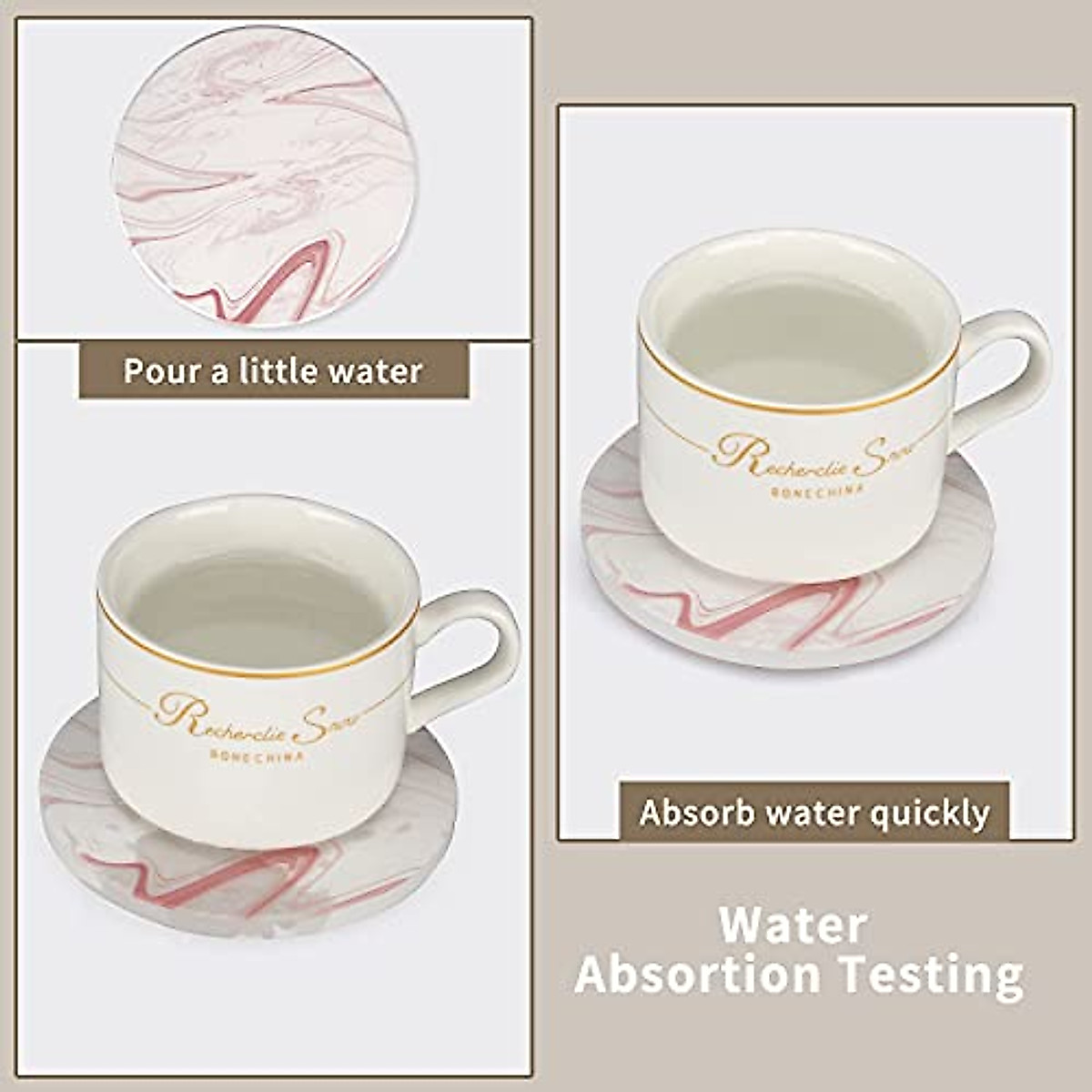 6 Pcs Cute Pink Marble Coasters with Holder Absorbent Ceramic Cup Coasters Best Decorative Round Cool Coaster Set Bar Modern Coasters Table Drink Coasters
