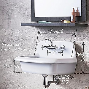ELLAI 24 Inch Wall Mounted High Back Kitchen Sink White Porcelain Utility Sink Farm Sink Ceramic Farmhouse Laundry Sink Wall Mount Bathroom Sink, 8 in centers, 24” x 17” x 15”