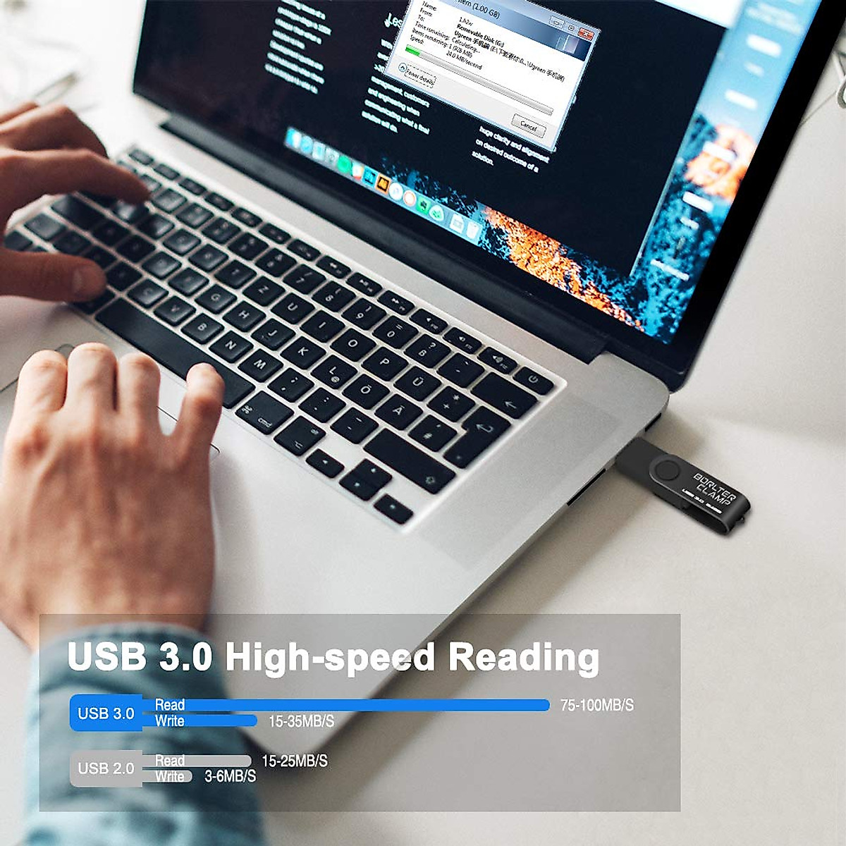 BorlterClamp 128GB USB 3.0 Flash Drive Dual Port Memory Stick, OTG Thumb Drive with Micro USB Drive Port for Android Smartphone Tablet & Computer (Black)