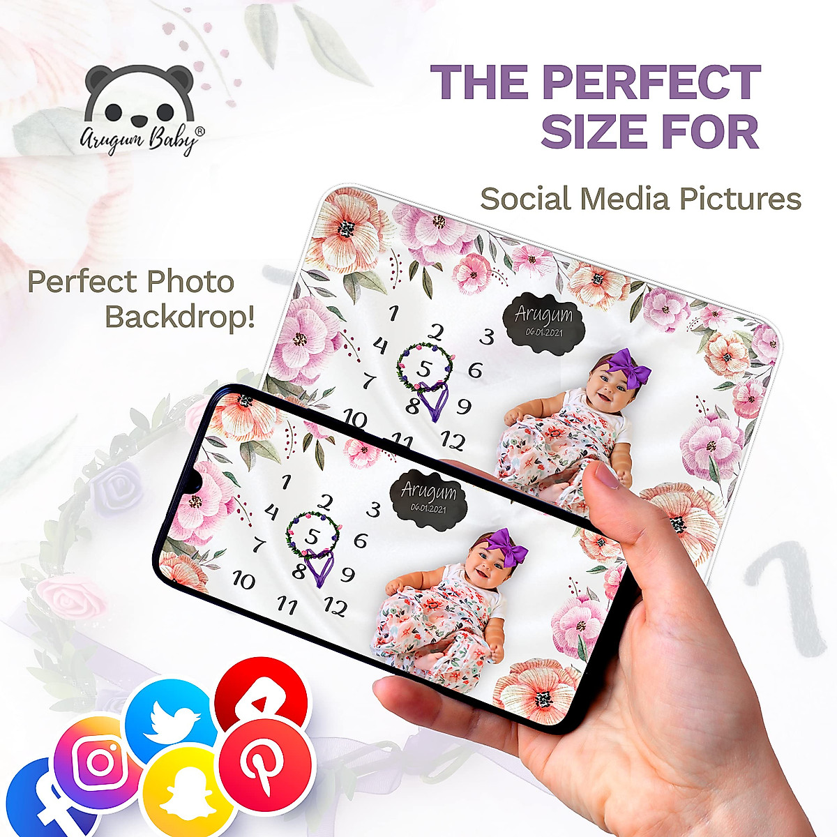 ARUGUMBABY Baby Milestone Blanket Girl - Baby Photo Blanket - Growth Chart Blanket for Baby Girl - 60" x 40" Large (Purple Floral)