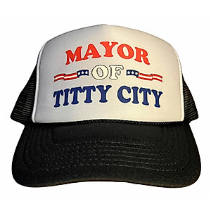 Mayor of Titty City Snapback Trucker Hat for Men or Women, Vintage Fit with Funny Novelty Graphic, Black/White