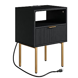 Masupu Nightstand with Charging Station,Mid-Century Modern Bedside Table with Storage Drawer and Open Wood Shelf,Small Gold Frame Side Table for Bedroom,Living Room (Black)