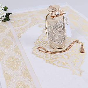 Islamic Elite Favors Personalized Muslim Lightweight Travel Prayer Rug Beads Set, Prayer Mat Tasbeeh Set, Ramadan Eid Hajj Umrah Wedding Birthday Graduation Mother's Day (Gold)