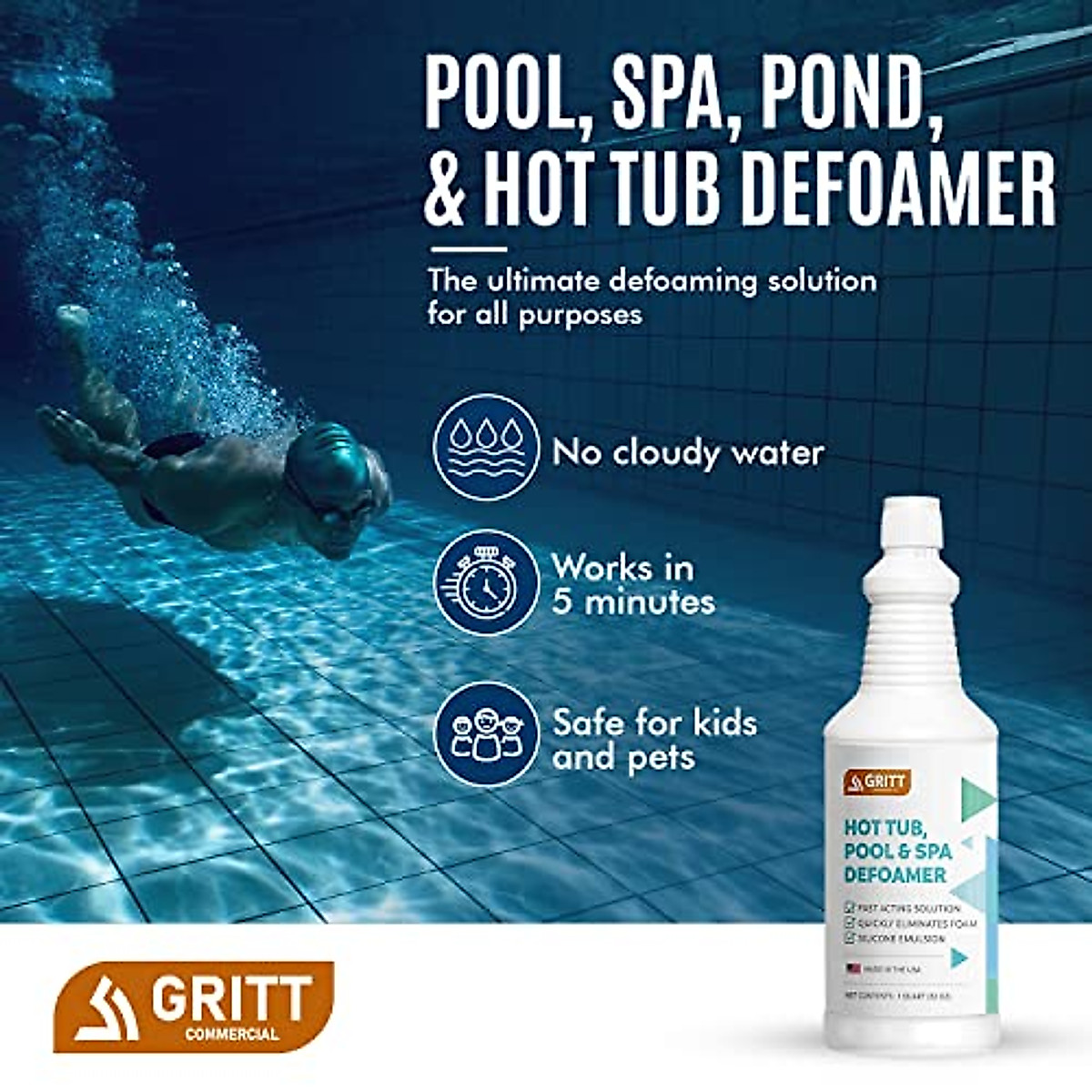 Gritt Commercial Pool Spa, Pond and Hot Tub Defoamer | Odorless and Non-Toxic Pool Cleaner | Anti Foam for Hot Tub | Safe with Silicone Emulsion Formula (32oz/Bottles)