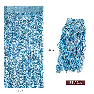 CYLMFC 3 Pack 3.3 ft x 6.6 ft Tinsel Foil Fringe Curtain Blue - Foil Fringe Backdrop Wall Curtains for Baby Shower,Mermaid,Under The Sea,Ocean,Frozen Party Decorations