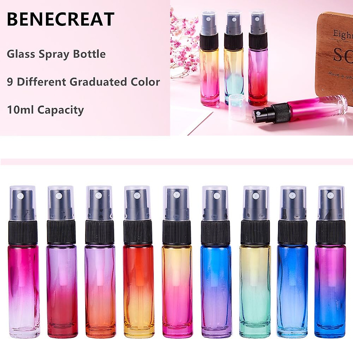 BENECREAT 9 Packs 10ml Rainbow Color Glass Spray Bottle Refillable Fine Mist Spray Bottle for Perfume Essential Oil