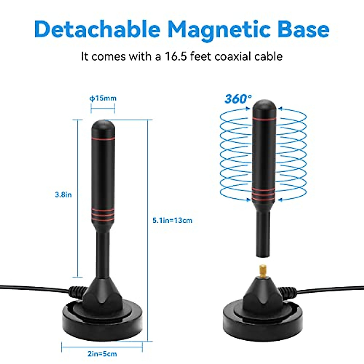 Digital Outdoor Indoor TV Antenna with Magnetic Base and 16.5 feet Long Cable for TV Tuner-35 Mile VHF UHF Long Range