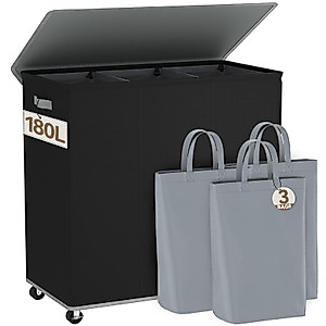 Chrislley 180L Laundry Hamper 3 Section,Rolling Large Laundry Basket with Wheels,Dirty Clothes Hamper with Lid and Removable Liner Bags,Collapsible Laundry Organizer for Bedroom, Dorm,Black